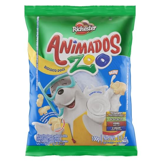 Riograndense Distribuidora. Biscoito Richester Doce Animados Zoo 100g Leite